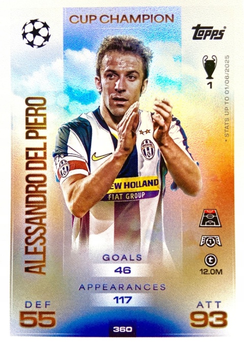 360 Alessandro Del Piero Juventus Cup Champion Match Attax 2025/26 > Topps